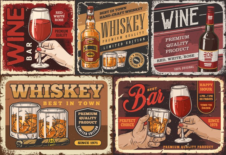 Alcoholic booze monochrome set posters Royalty Free Vector