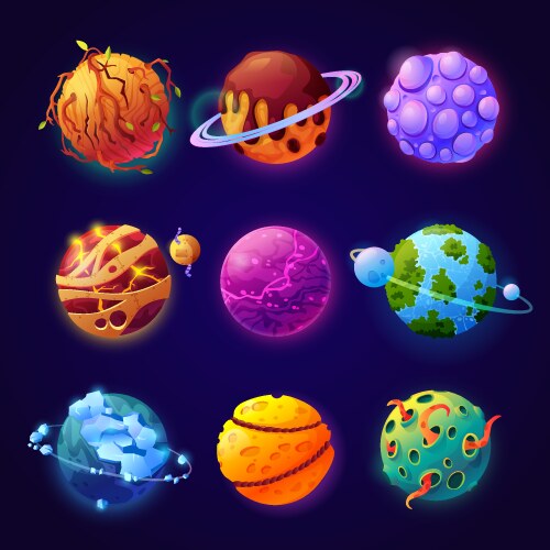 Cartoon colorful fantasy planets set Royalty Free Vector