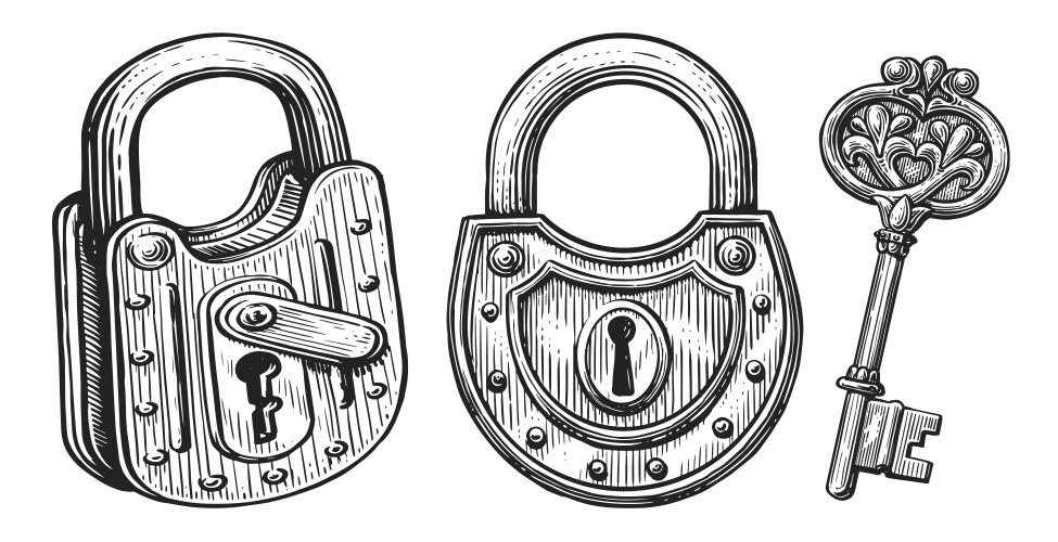 Vintage padlock and key ink sketch Royalty Free Vector Image