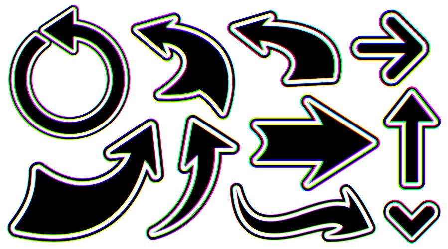 Glitch effect curved arrows collection Royalty Free Vector