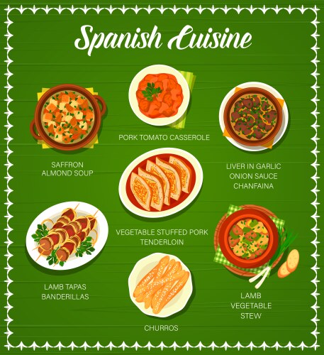 Spanish food cuisine menu meals restaurant spain Vector Image