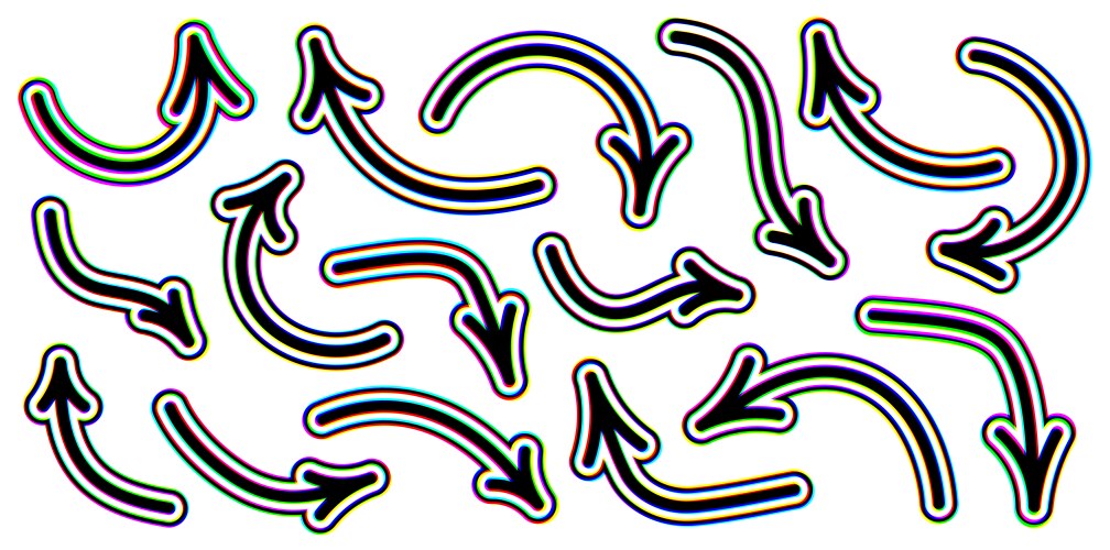 Glitch effect curved arrows collection Royalty Free Vector