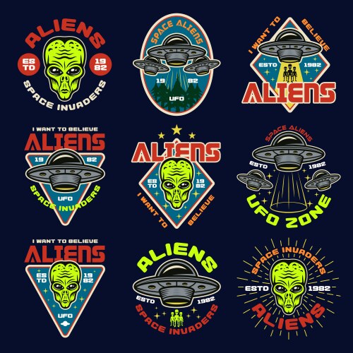 Aliens martians set emblems colorful Royalty Free Vector