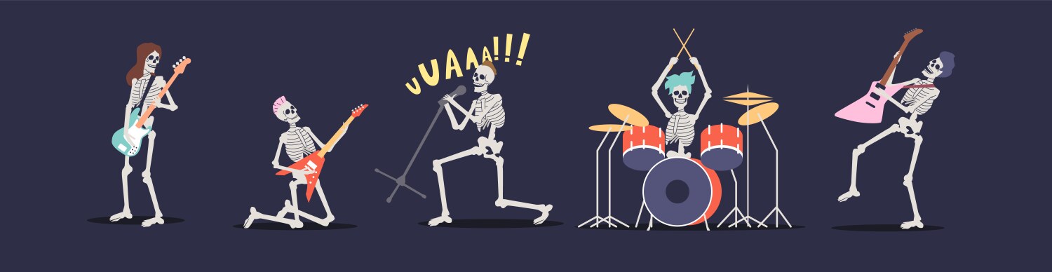Group skeletons singing in micro and playing Vector Image