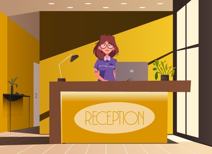 Hotel reception interior with receptionist people Vector Image