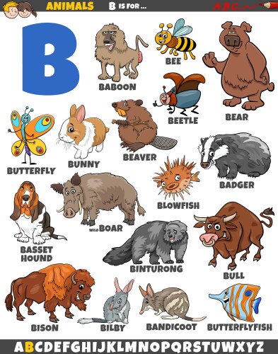 Letter b words educational set with cartoon Vector Image