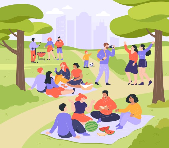 Happy cartoon family having bbq outside set Vector Image