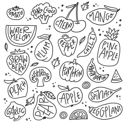 Doodle food fruits vegetables Royalty Free Vector Image