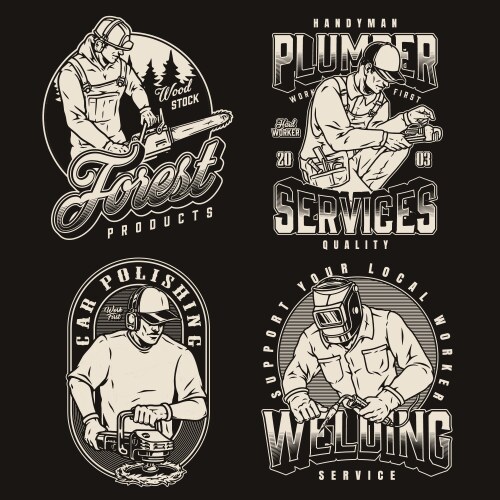 Manual labour monochrome emblems set Royalty Free Vector