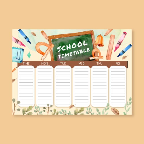 Watercolor back to school timetable Royalty Free Vector