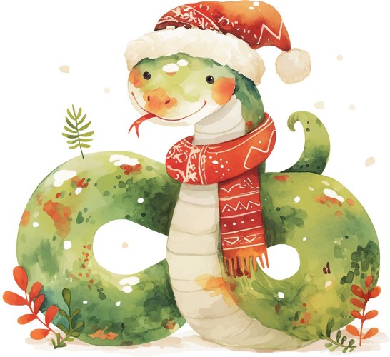 A cartoon snake wearing santa hat is holding Vector Image