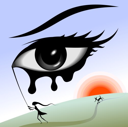 Human eye crying tears flowing drawing Royalty Free Vector