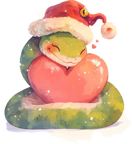 A cartoon snake wearing santa hat is holding Vector Image