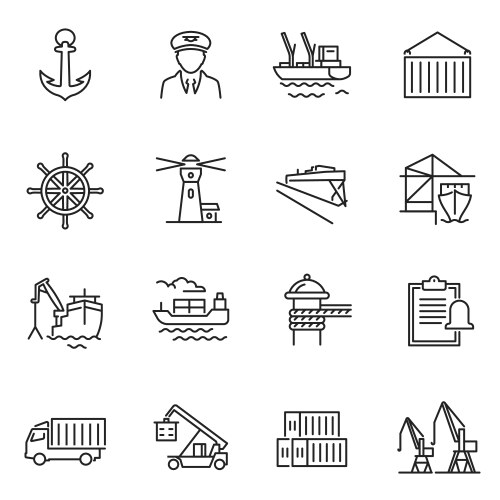 Sea port icons flat line set Royalty Free Vector Image