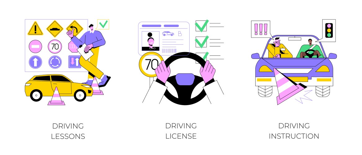 Driving school set flat isolated Royalty Free Vector Image