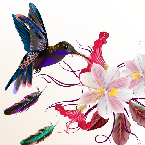 Elegant hummingbird with flowers and flourishes Vector Image