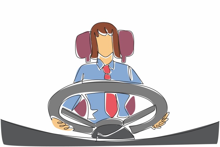 Continuous one line drawing female driver holding Vector Image