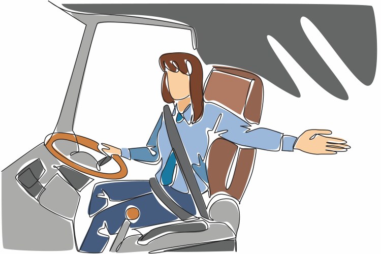 Single one line drawing female bus driver Vector Image