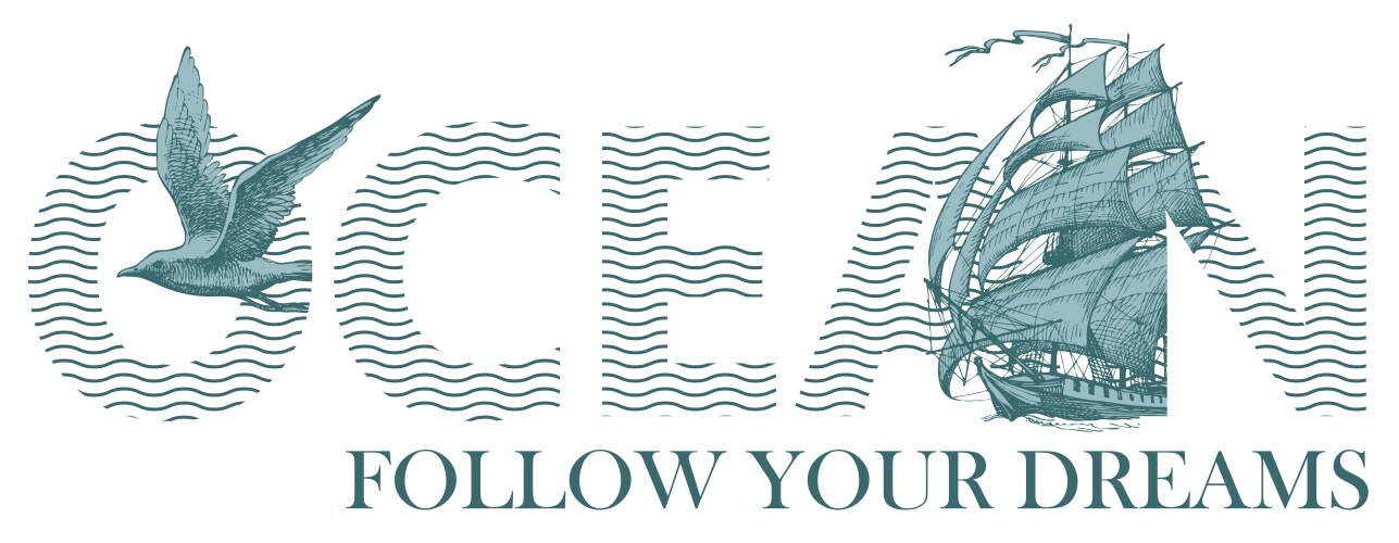 Lettering ocean with sailing yacht and seagull Vector Image