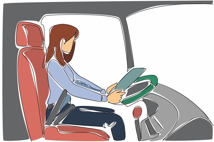 Continuous one line drawing female driver holding Vector Image