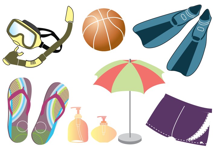 Beach things swimsuit umbrella panama hat color Vector Image