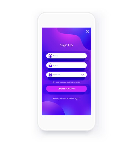 Mobile ui kit sign up form in page set Royalty Free Vector