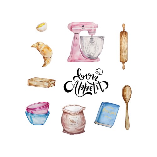 Watercolor cooking tool set wooden utensils Vector Image