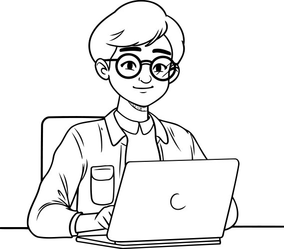 Businessman with laptop - black and white cartoon Vector Image