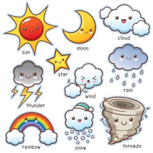 Cartoon weather kids vocabulary icons Royalty Free Vector