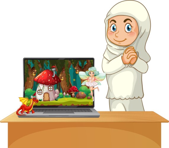 Elf on computer desktop Royalty Free Vector Image