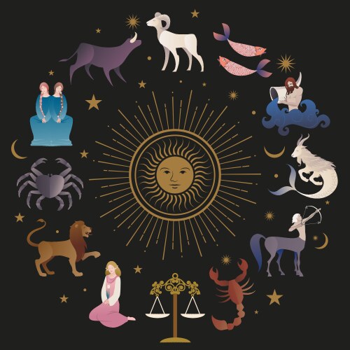 Zodiac wheel on starry sky sun moon and stars Vector Image