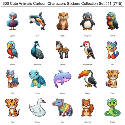 300 colorful animals cartoon characters Royalty Free Vector
