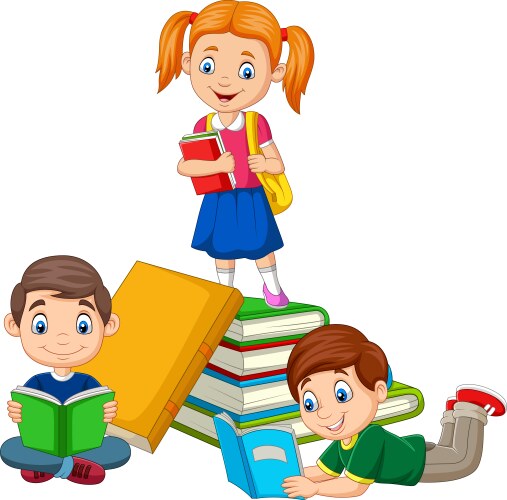 Cartoon girl reading a book with pile books Vector Image