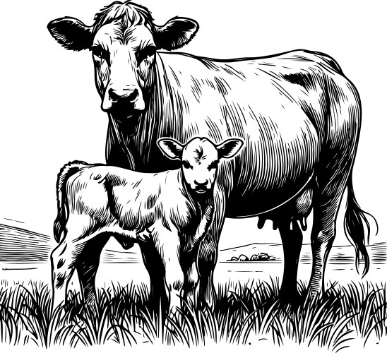 Cow and calf line art Royalty Free Vector Image