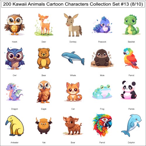 200 kawaii animals cartoon characters collection Vector Image