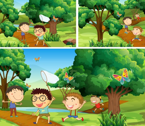 Children catching a butterfly in park Royalty Free Vector