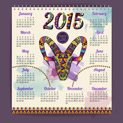 Calendar for 2015 year with a goat and zodiac sign