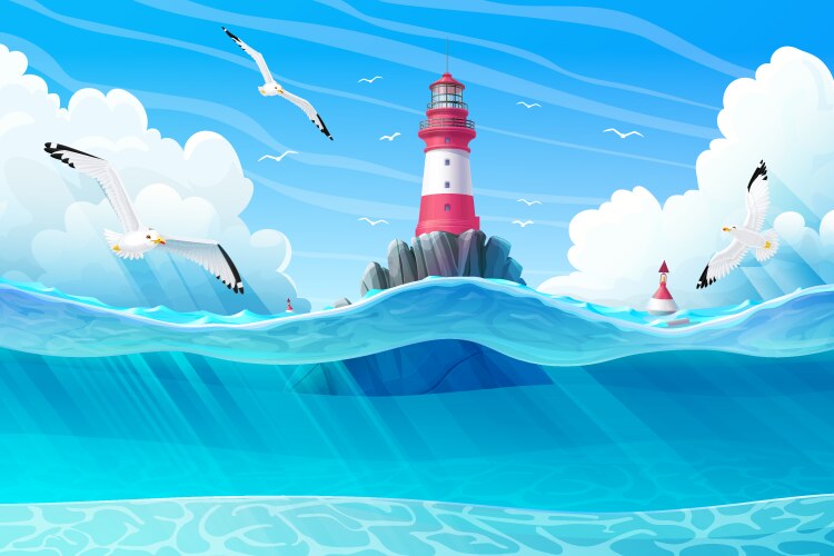 Cartoon sea landscape with lighthouse and boats Vector Image