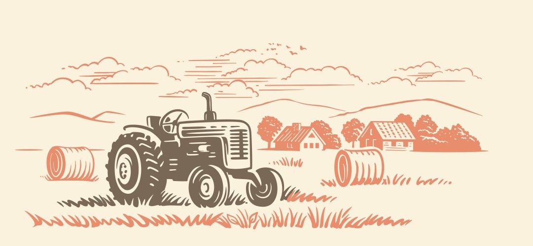 Farmer in tractor with hay rural farm landscape Vector Image