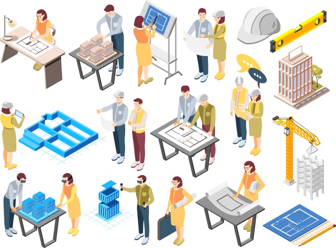 Architects and engineers work on construction Vector Image