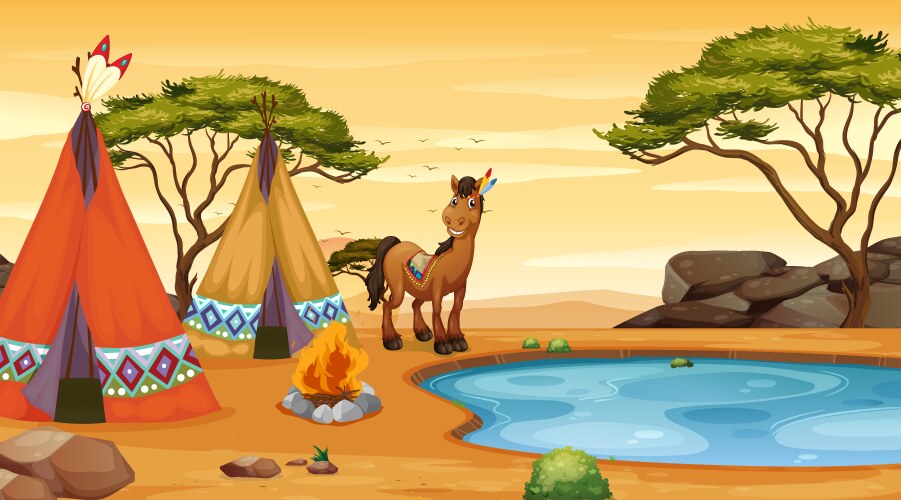 Scene with many animals pond Royalty Free Vector Image