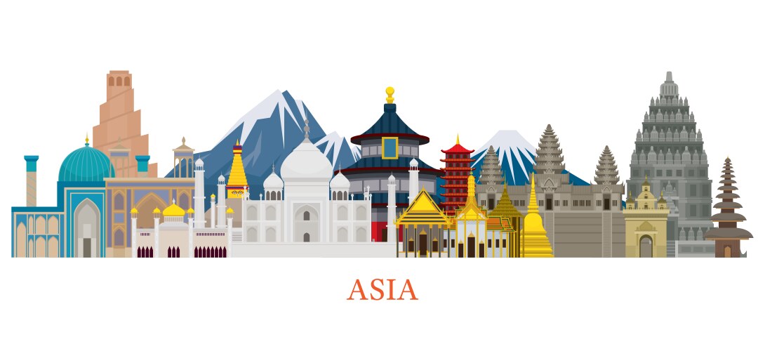 Asia countries landmarks silhouette Royalty Free Vector