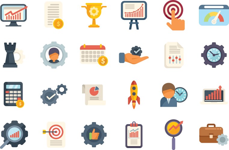 Performance management icons set neon Royalty Free Vector