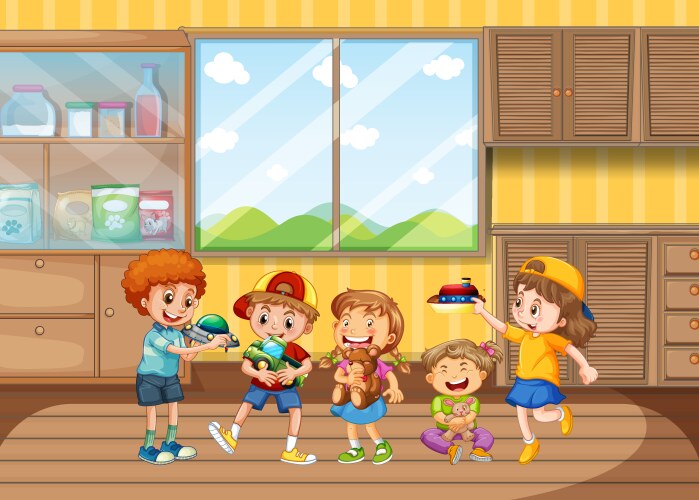 Happy children playing in the home Royalty Free Vector Image