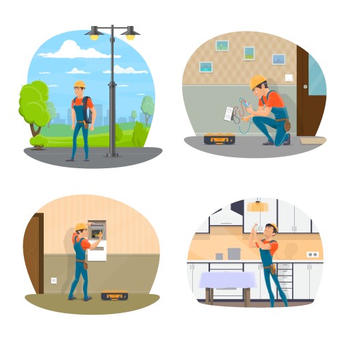 Electrician performing electrical work scene set Vector Image