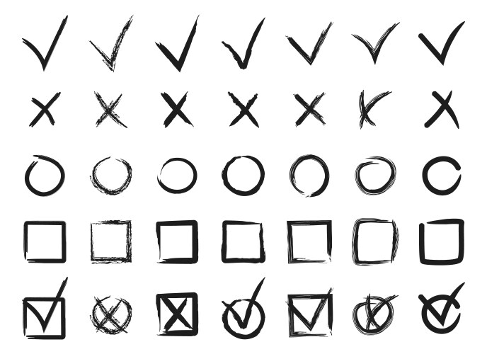 Set hand drawn check v signs isolated Royalty Free Vector