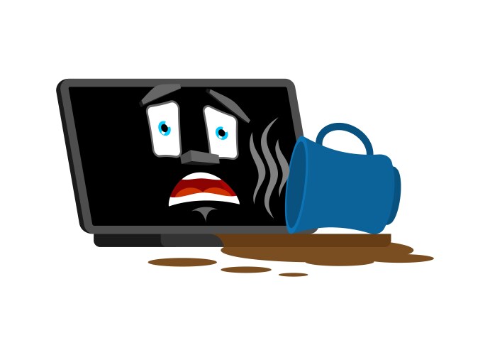 Cup of coffee spilled laptop tea Royalty Free Vector Image