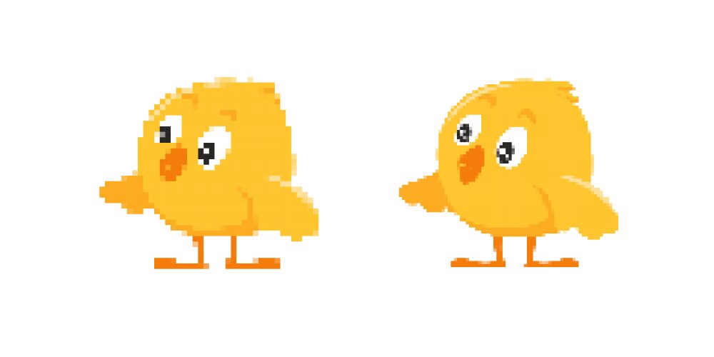 Pixel art yellow chickens walking with cute Vector Image