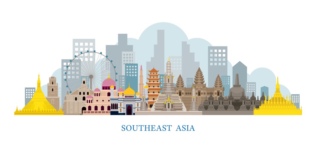 Southeast asia map with country icons and location