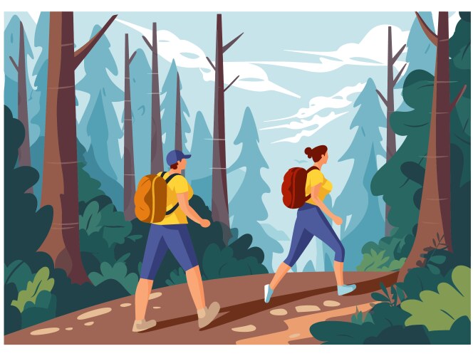 Four hikers trekking through forest colorful Vector Image